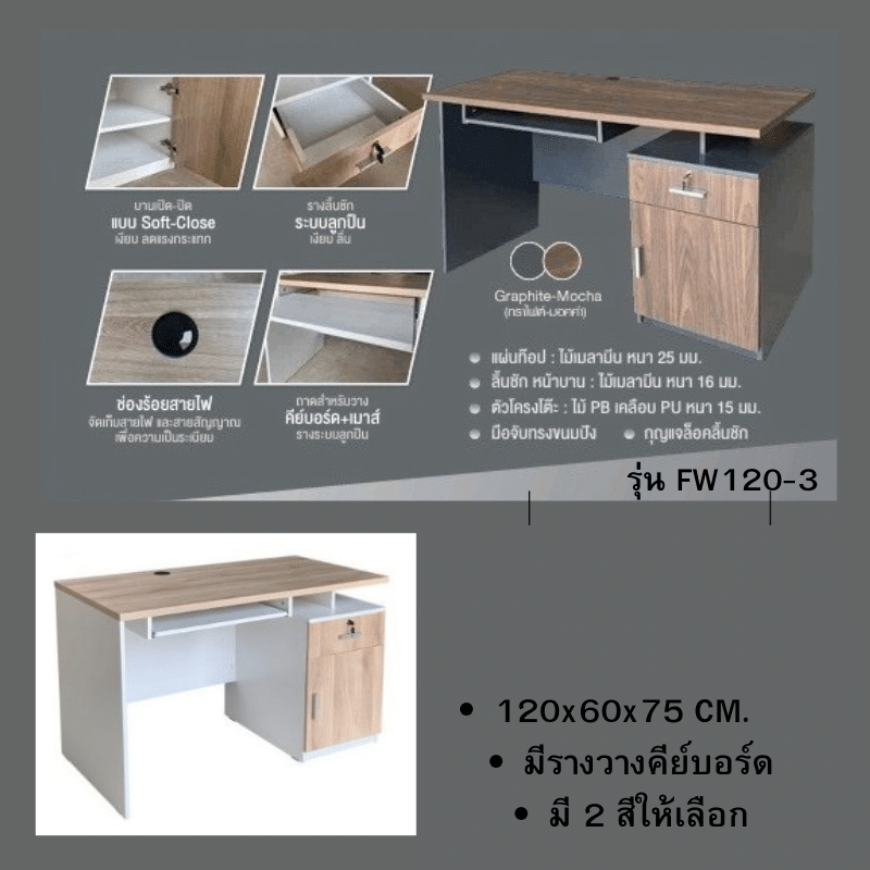 FW120-3 โต๊ะทำงาน ขนาด W120xD60xH75 ซม. – siamfurniture